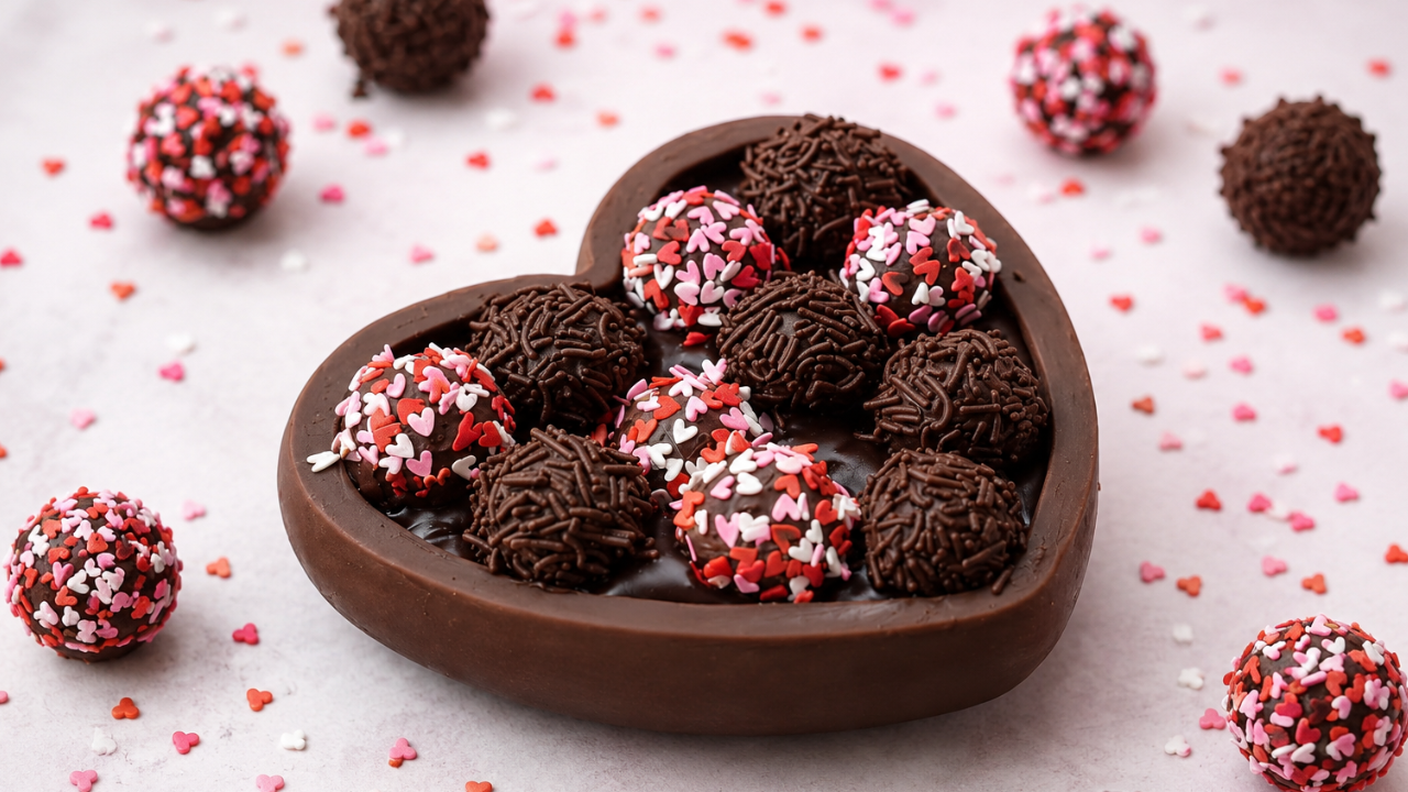 Chocolate truffles in heart shaped bowl