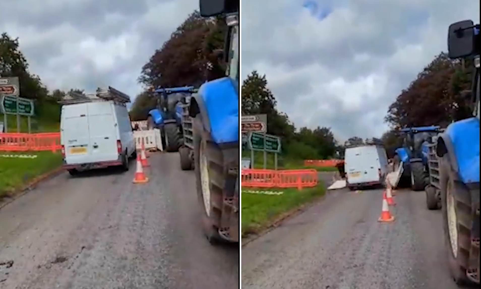 Moment van ploughs through construction works in road rage incident