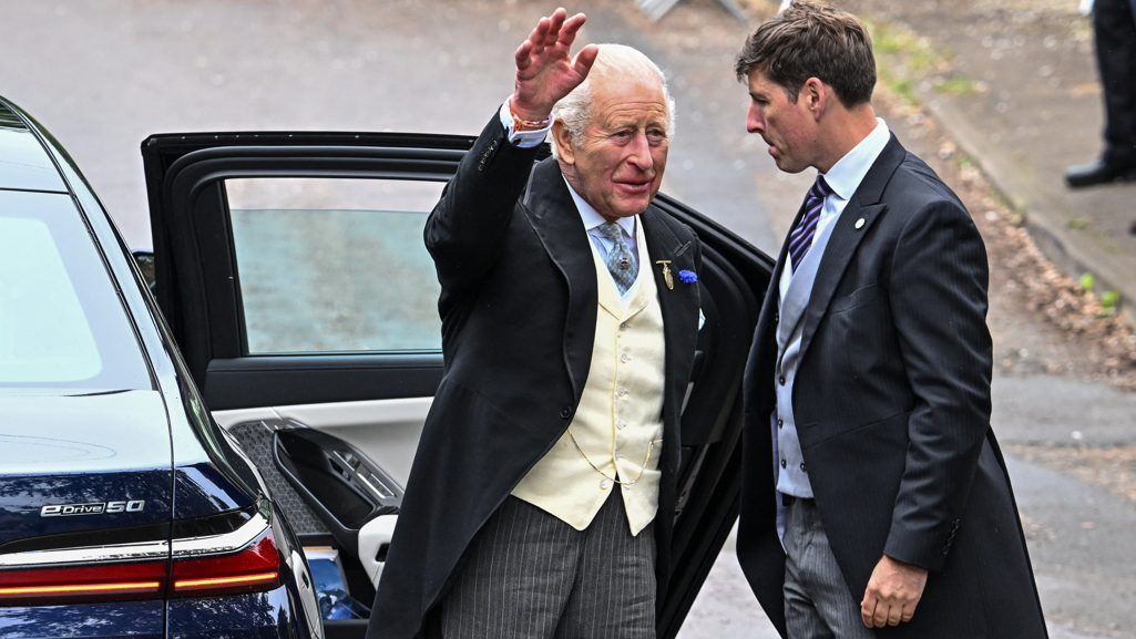 King Charles arrives for Peter Phillips' wedding to NHS nurse