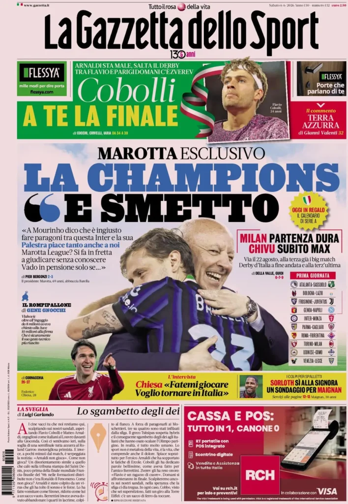 Le prime pagine dei principali quotidiani sportivi – 6 giugno