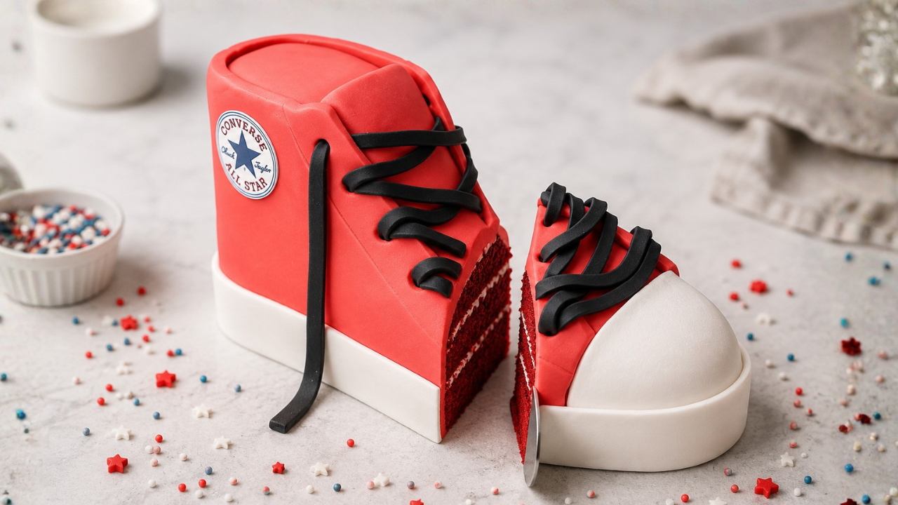 Sneaker shaped cake with red design