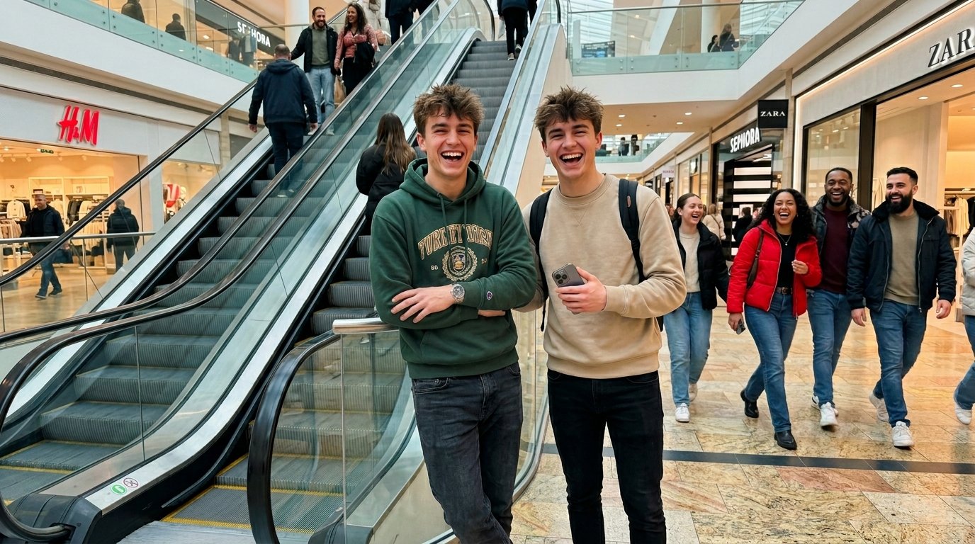 Twins pull off escalator prank that leaves shoppers completely confused