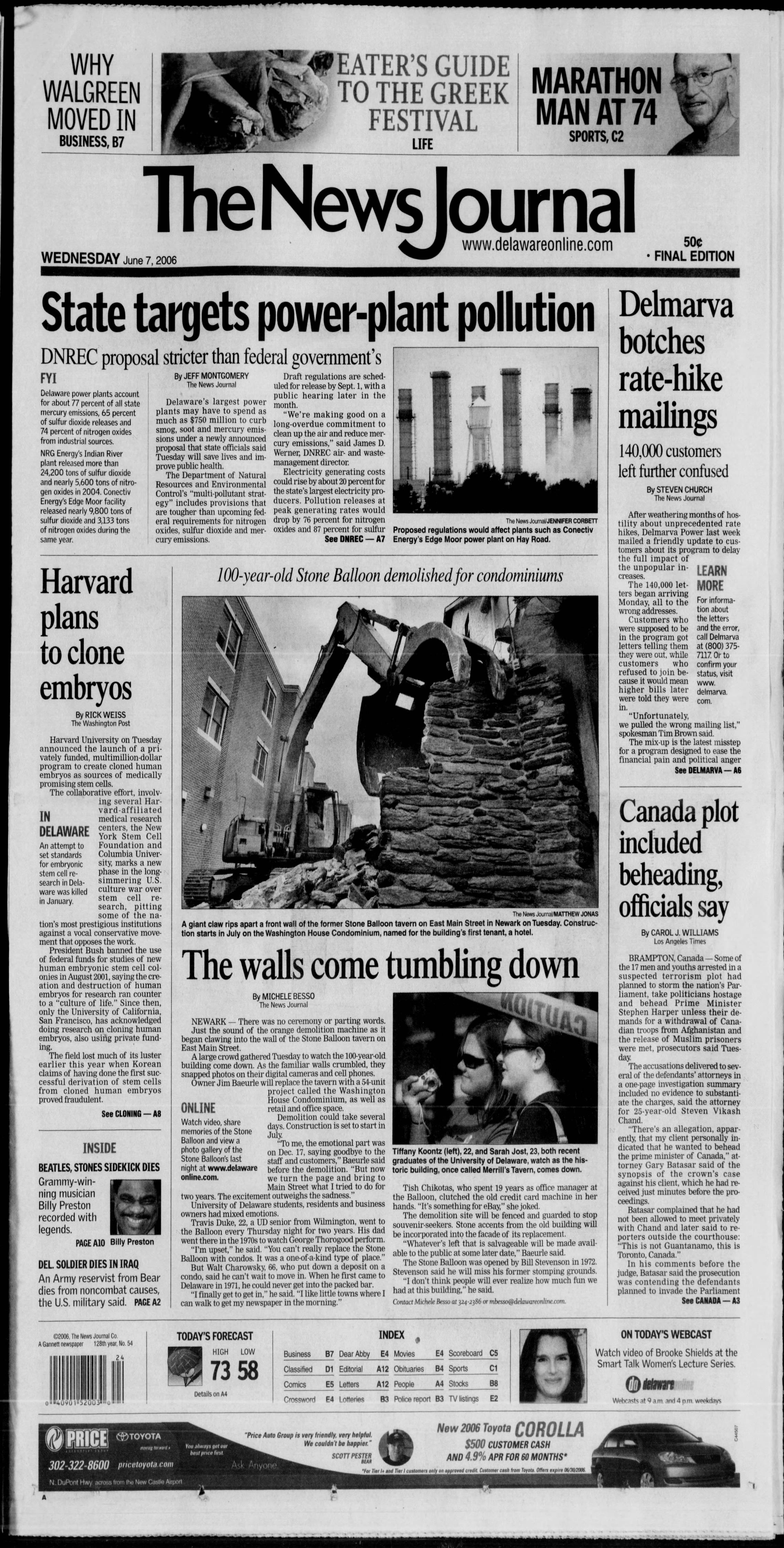 Delaware history in News Journal June 7-13: Stone Balloon demolished