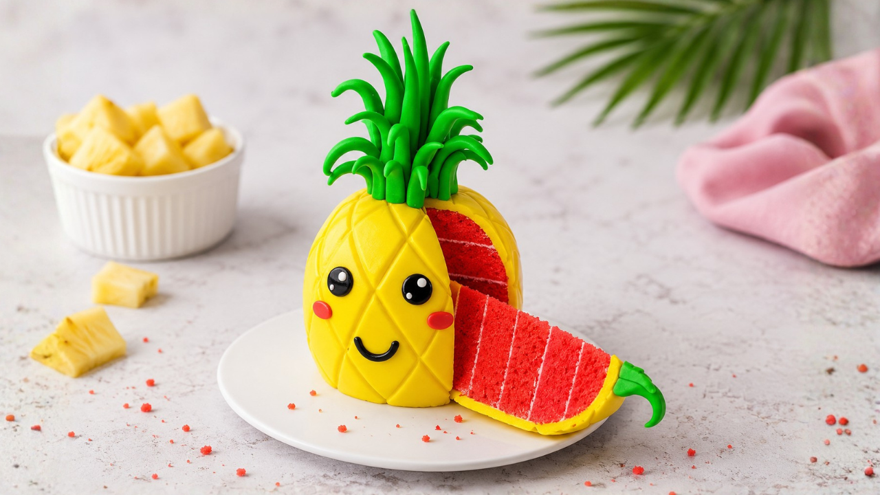 Pineapple shaped cake with smiling design