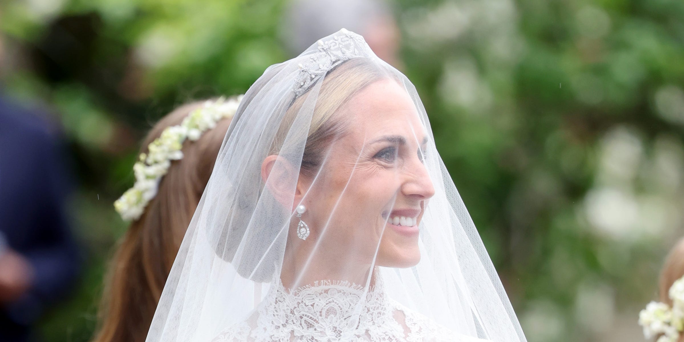 Harriet Sperling wears a diamond and pearl tiara to her royal wedding