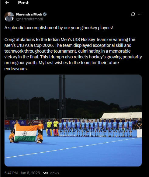 PM Modi congratulates Indian women's hockey team after U18 Asia Cup bronze
