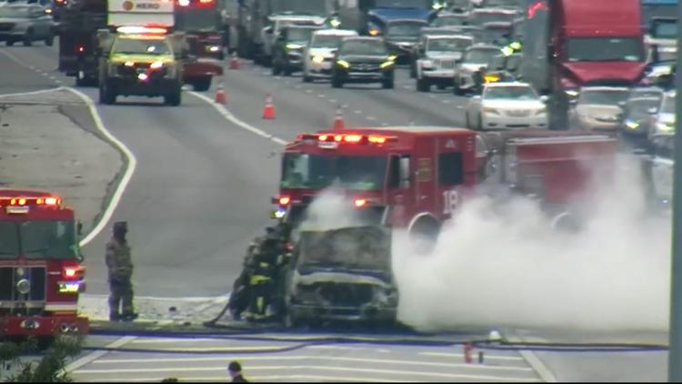 Vehicle fire shuts down lanes on I-285 east in DeKalb County