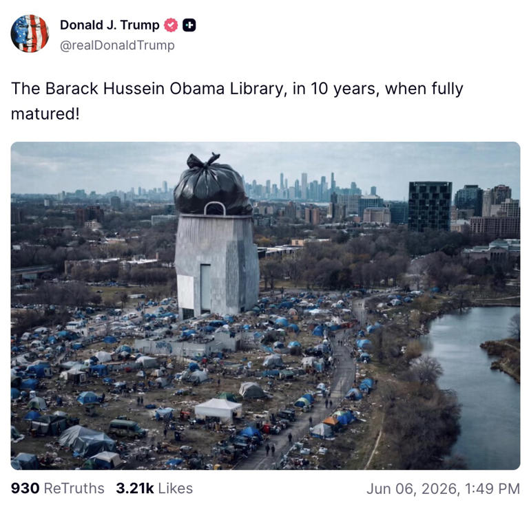 Trump imagines Obama Library will be a giant dumpster surrounded by ...