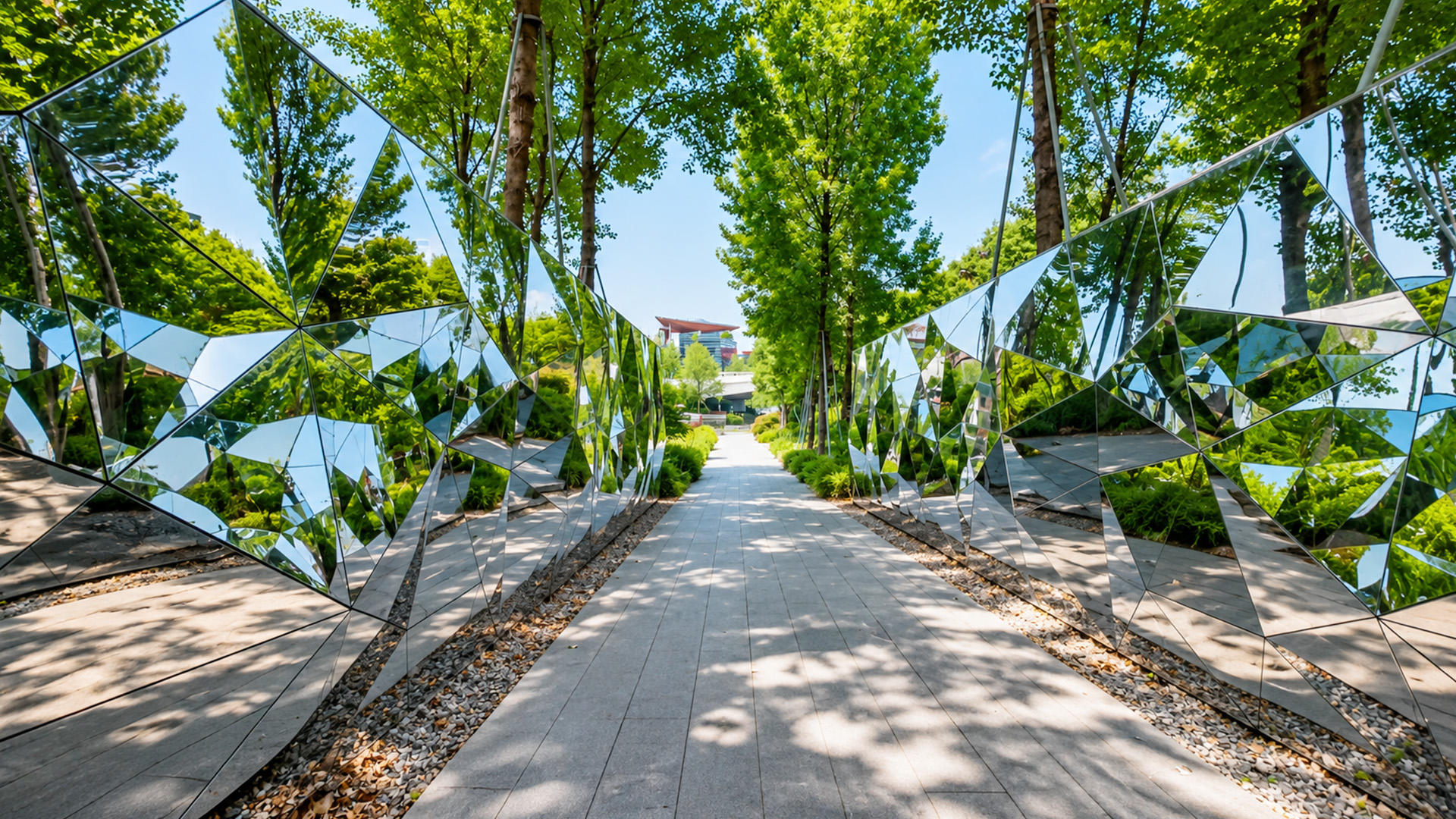 Mirror panels turn this quiet lane into a visual passage