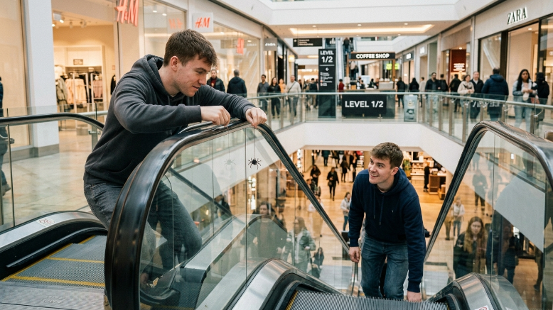 Twins pull off escalator prank that leaves shoppers completely confused