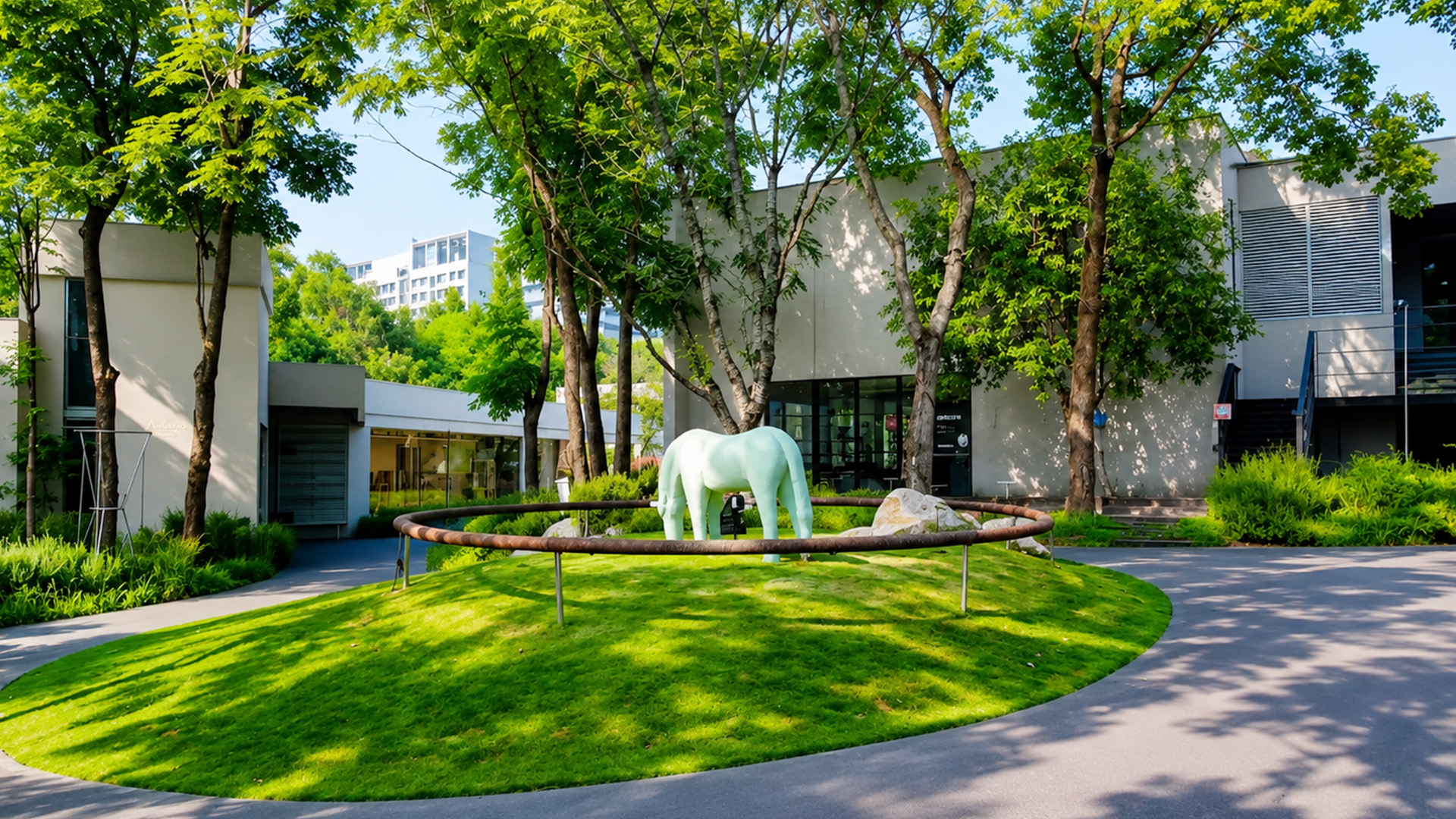 Small shops and sculptures shape this private neighborhood walk