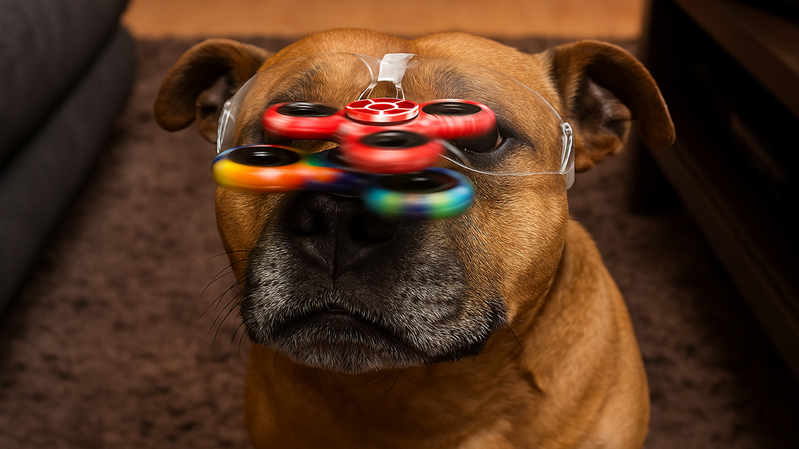 Dog with spinning fidget toy on its nose