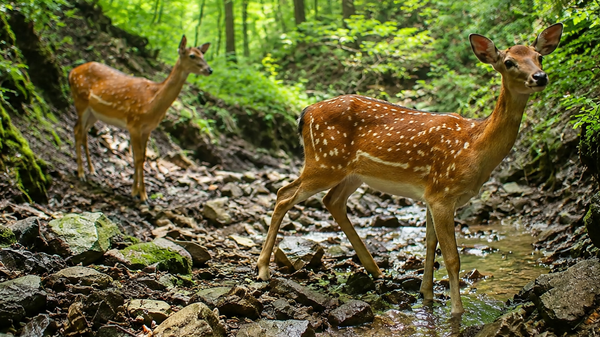 Wildlife activity along this woodland path captured by a trap camera
