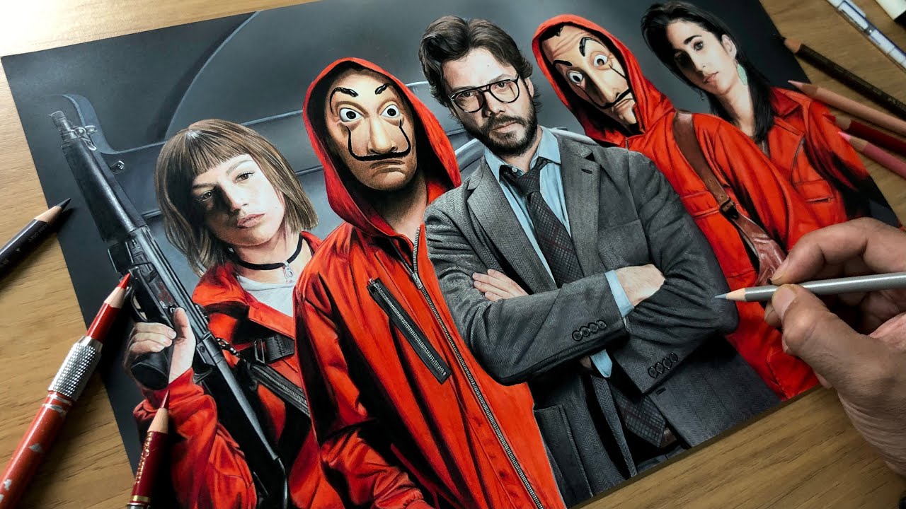 Time-lapse drawing of Money Heist characters