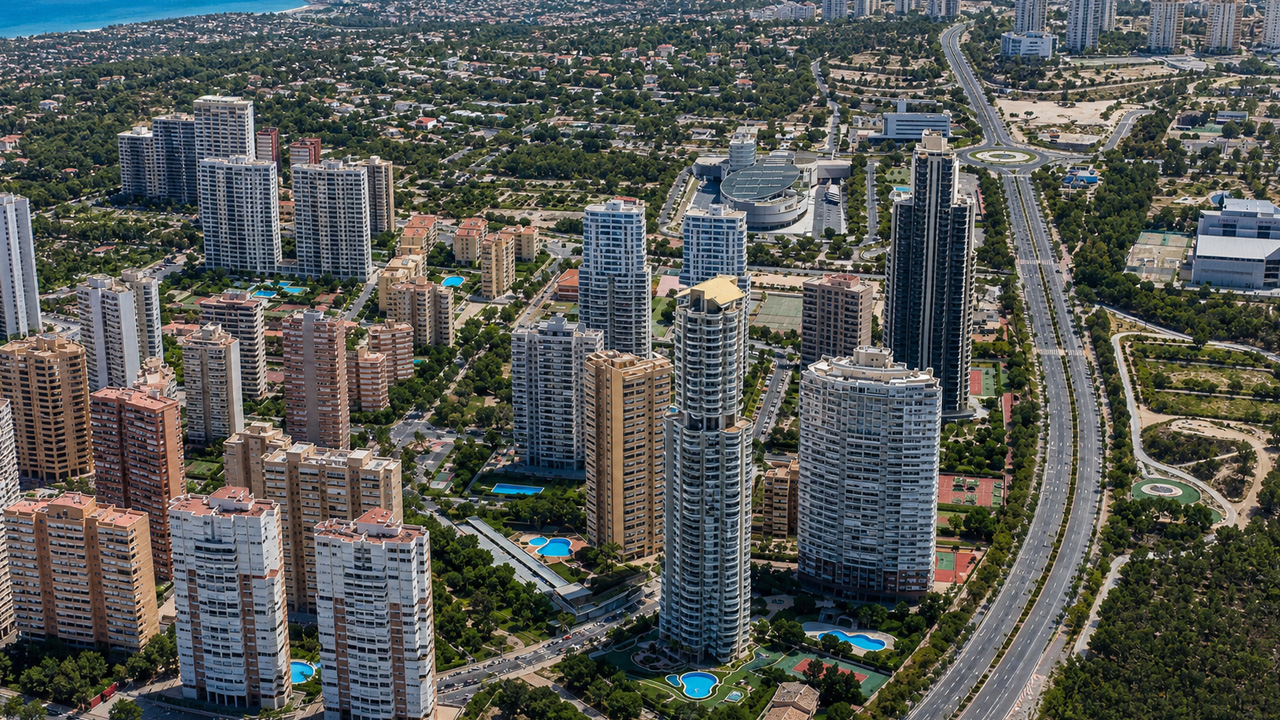 Benidorm high rise towers framing the coastal city view