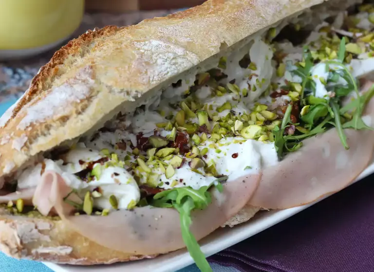 Gourmet Italian mortadella and burrata sandwich