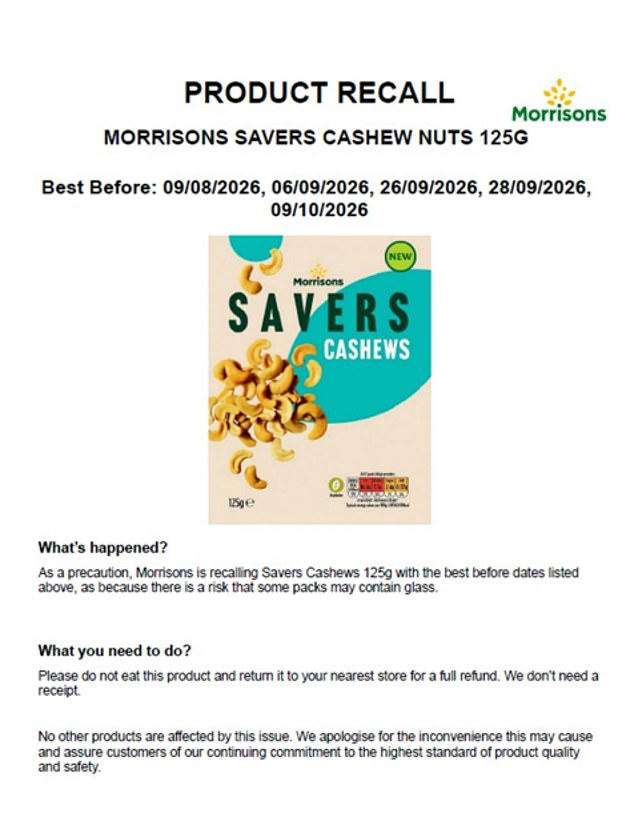 Morrisons issues urgent recall after shards of glass are found in ...
