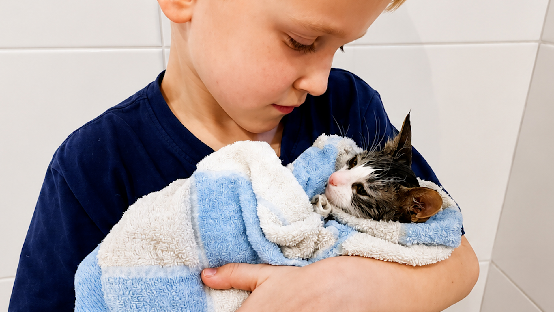 Little boy protects tiny kitten like a brother