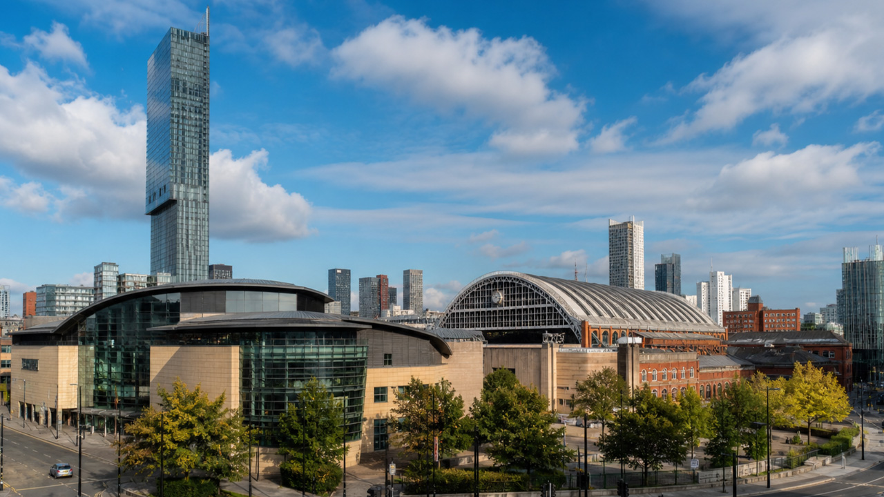 Manchester Science and Industry Museum framed by historic brick buildings