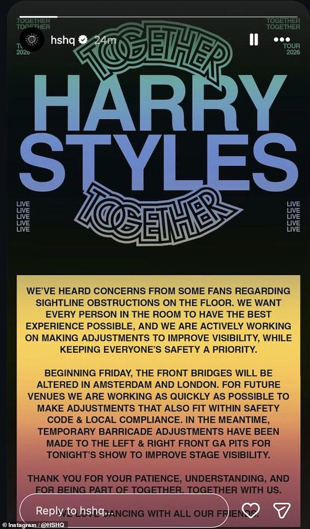 Harry Styles discusses stage set-up with fans following backlash over ...