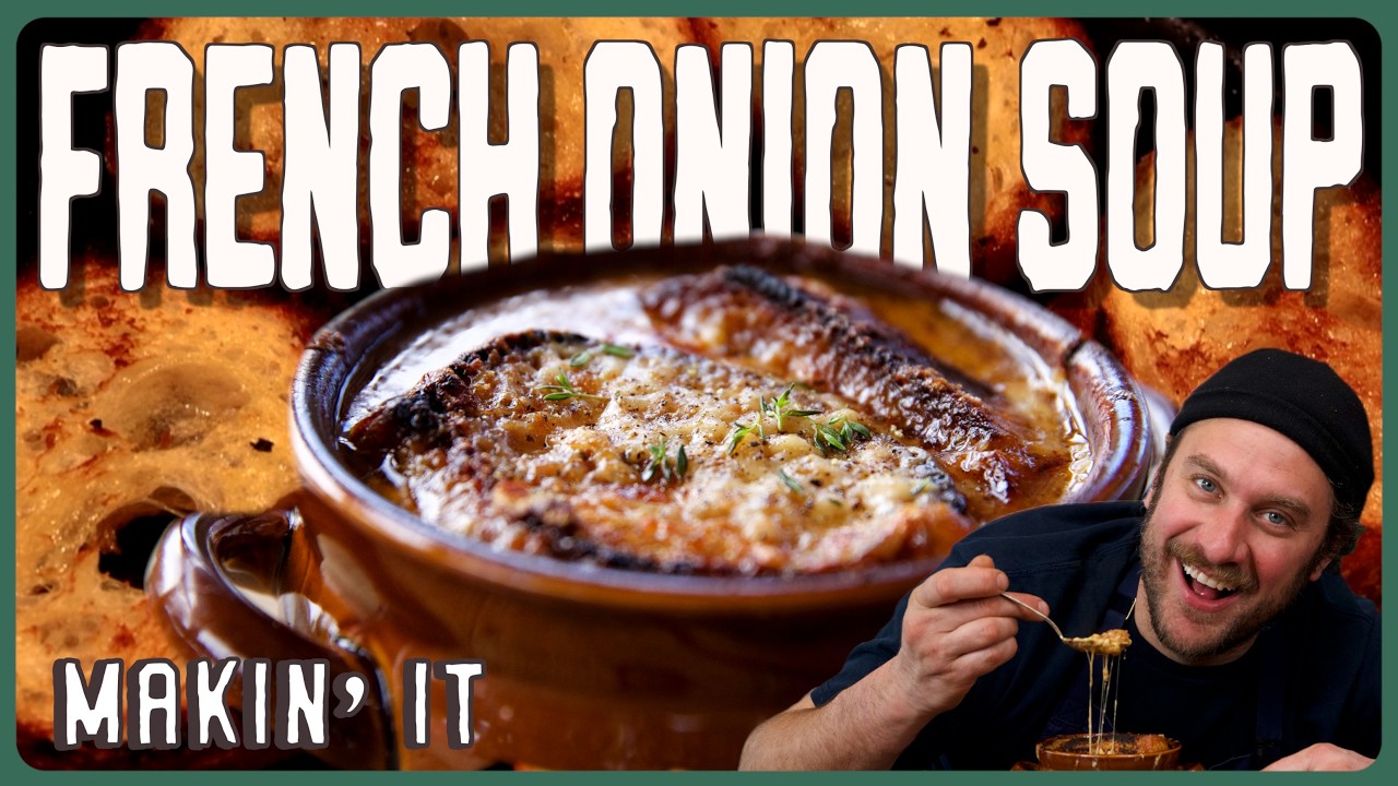 Prepare classic French onion soup with melted cheese toppings