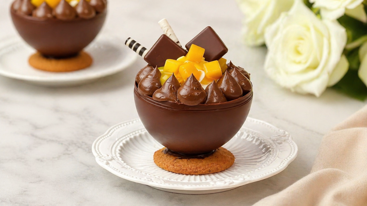 Chocolate dessert bowl with cream and toppings