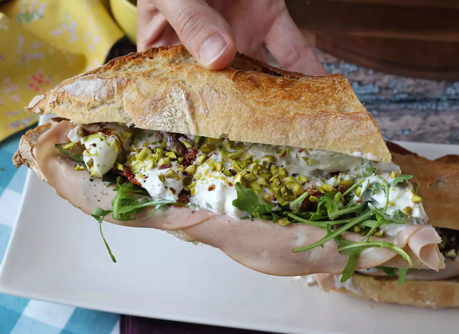 Gourmet Italian mortadella and burrata sandwich