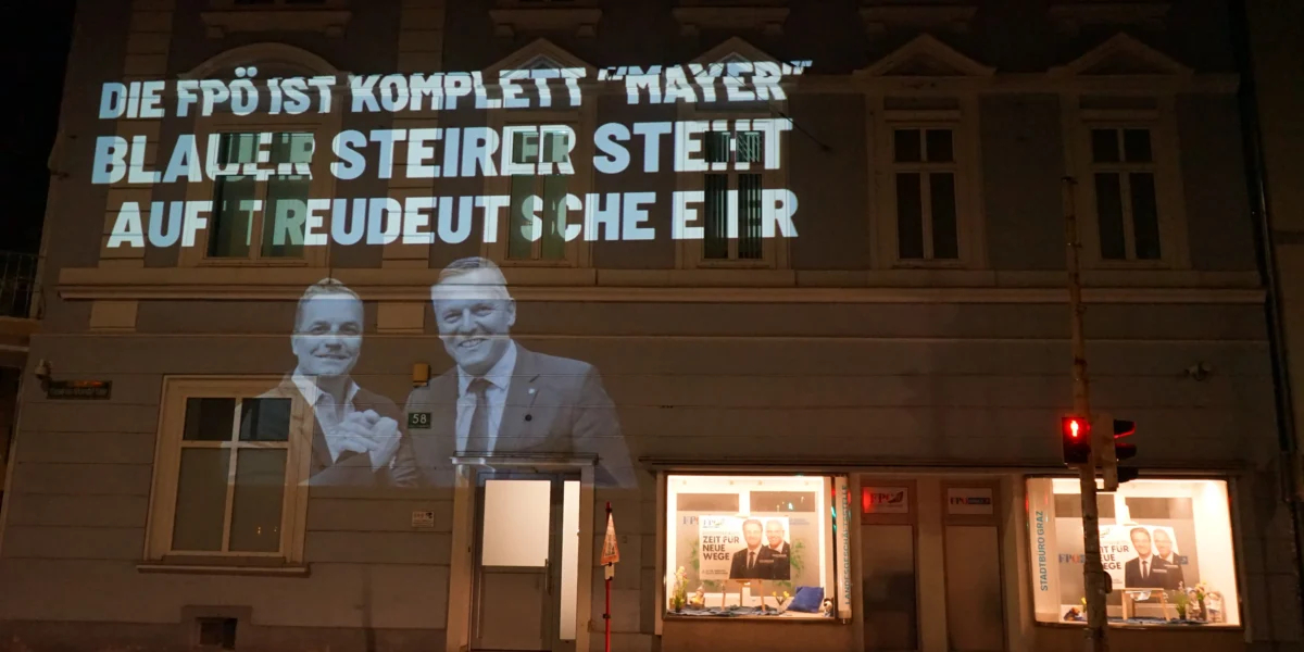 „Treudeutsche Grüße“: SJ projiziert Kritik auf FPÖ-Zentrale in Graz