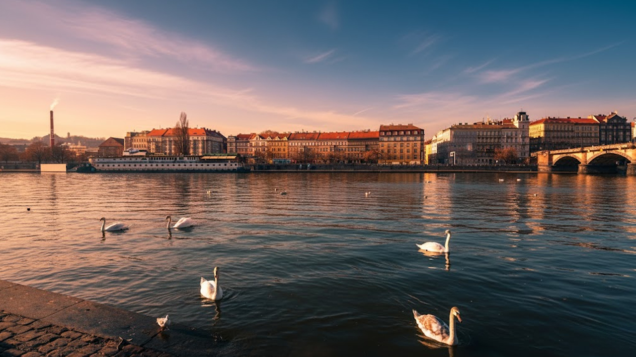 Amsterdam sunset walk with swans and waterfront views