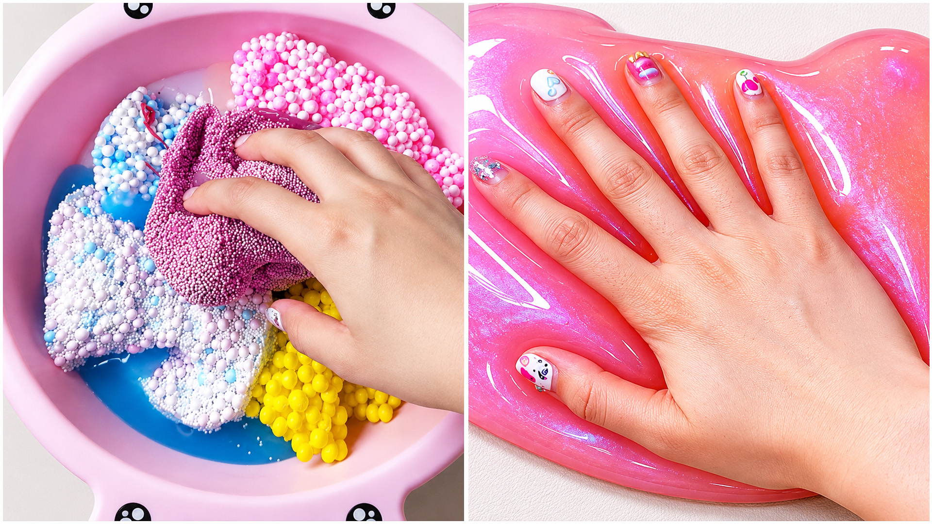 Pink glossy slime and crunchy foam mixing