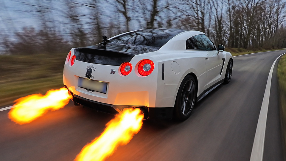 How loud is the flame-spitting GT-R during full boost POV runs?