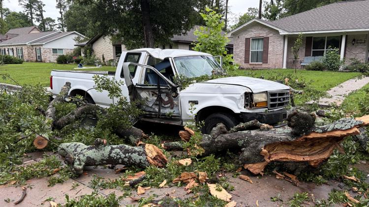 Storms topple massive tree onto pickup truck in Spring area neighborhood