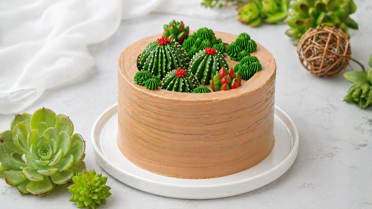 Cactus garden cake with succulent design
