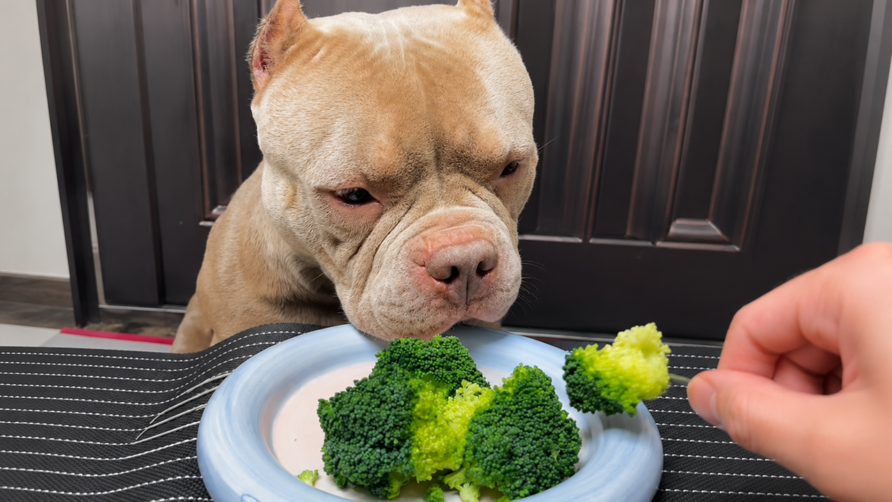 Watch what happens when a bulldog tries broccoli for the first time