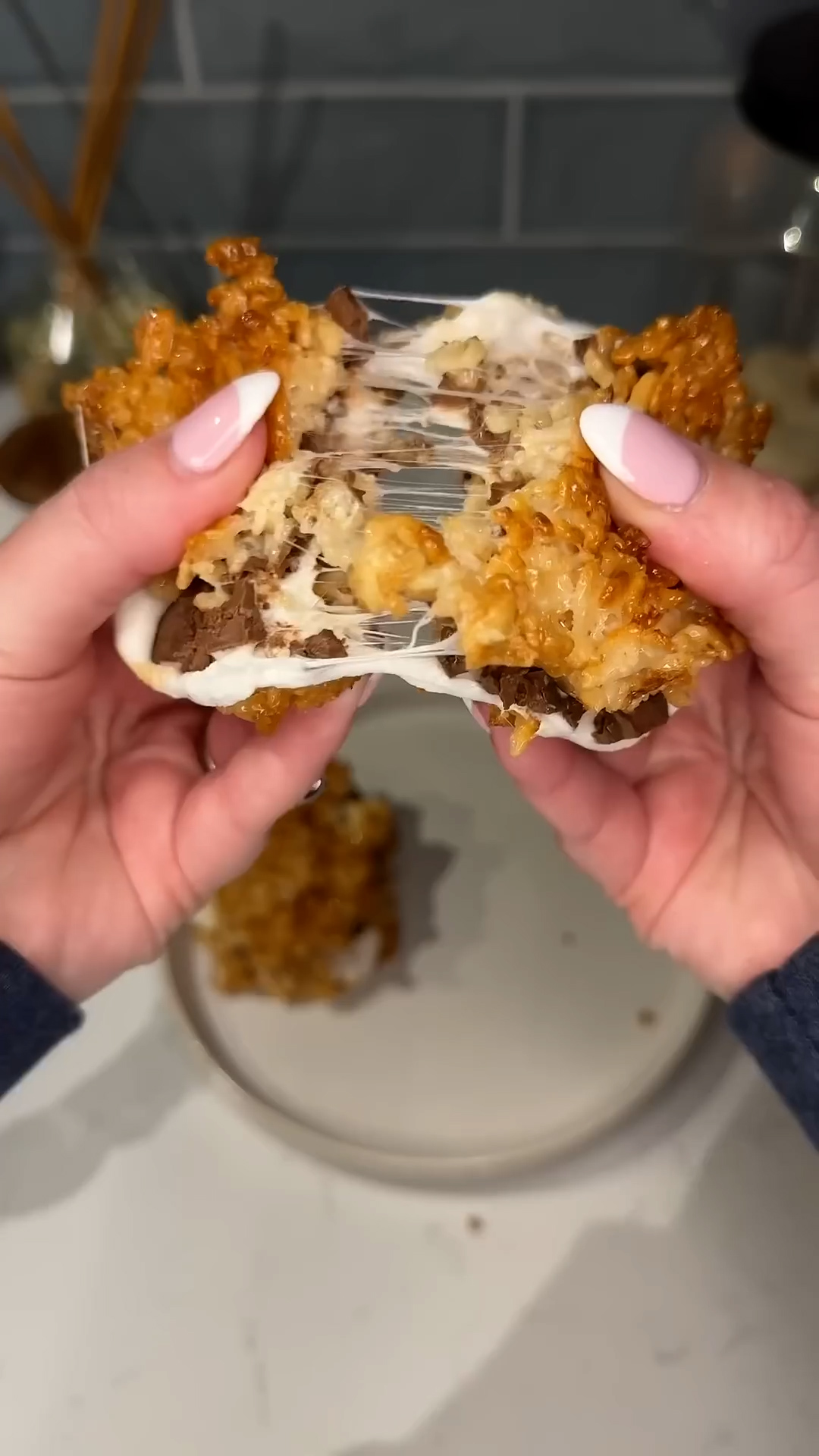 Cereal treats topped with chocolate and marshmallow then air fried