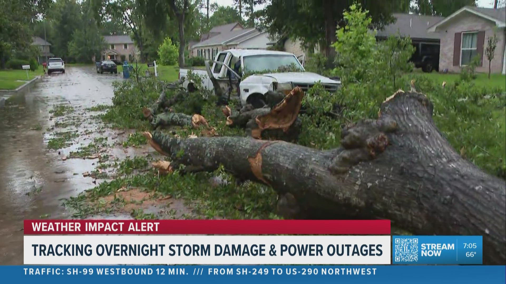 Massive tree crushes pickup after overnight Houston storms