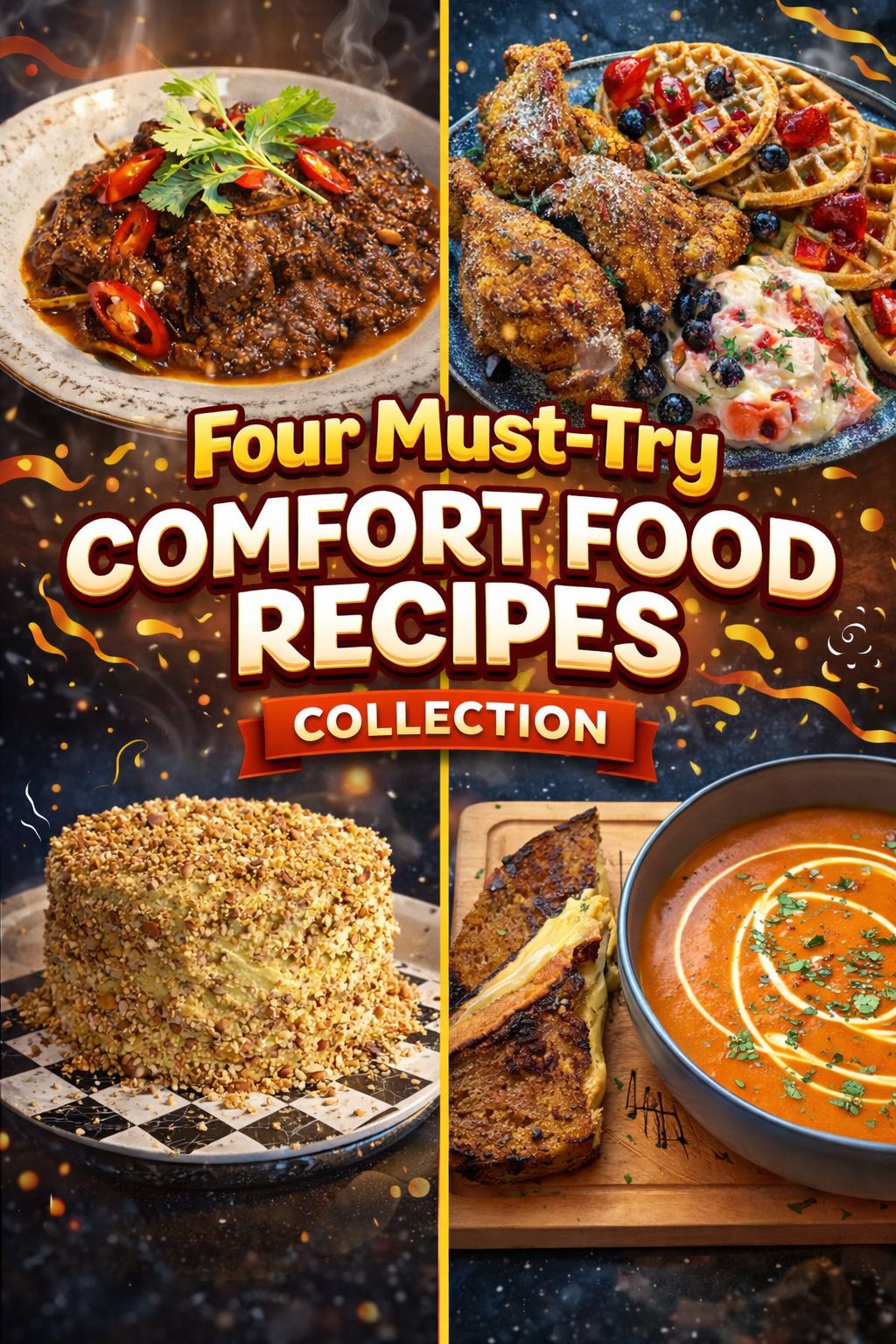 Ultimate comfort food feast chicken, waffles, and rendang