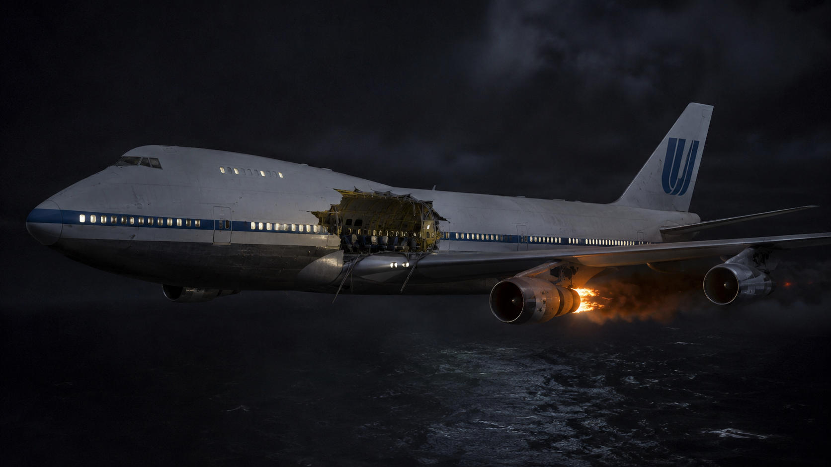 United Flight 811 explodes over the Pacific at night