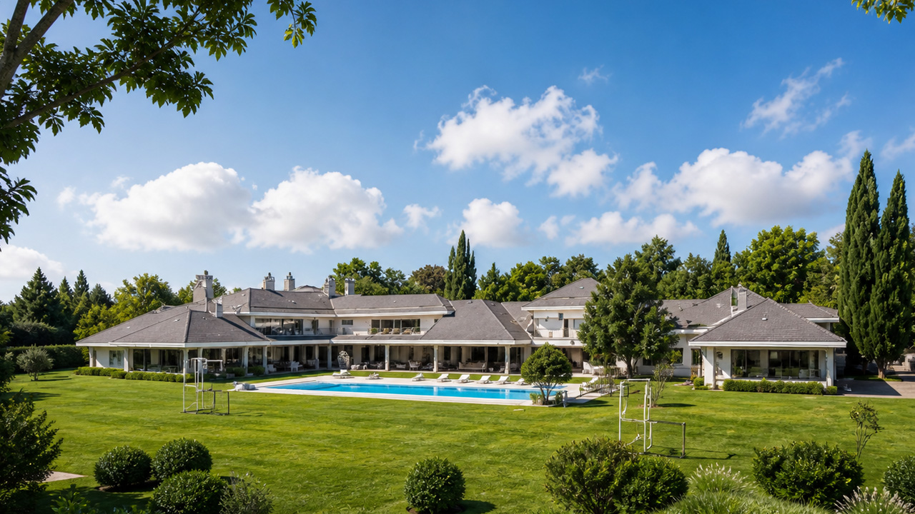 Luxury estate garden view with pool and green lawns