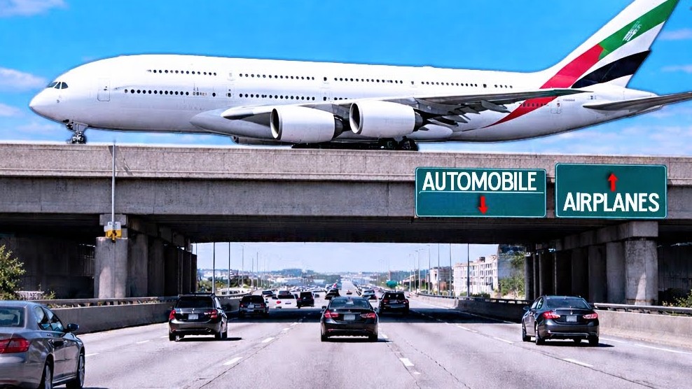 Passenger jets cross over busy highways on these giant airport bridges