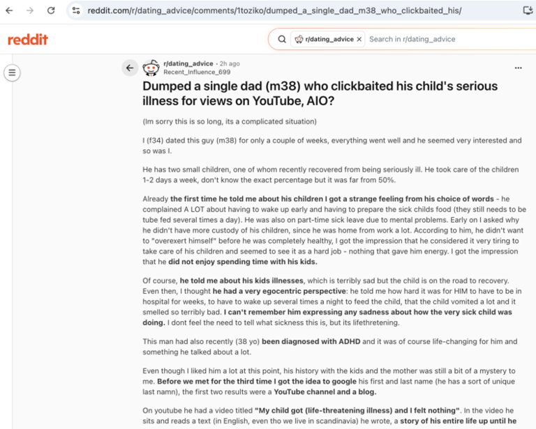 She dumped a single dad after he confessed to using his sick child to ...