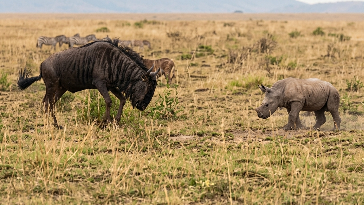 This gnu started harassing a baby rhino - then it fought back