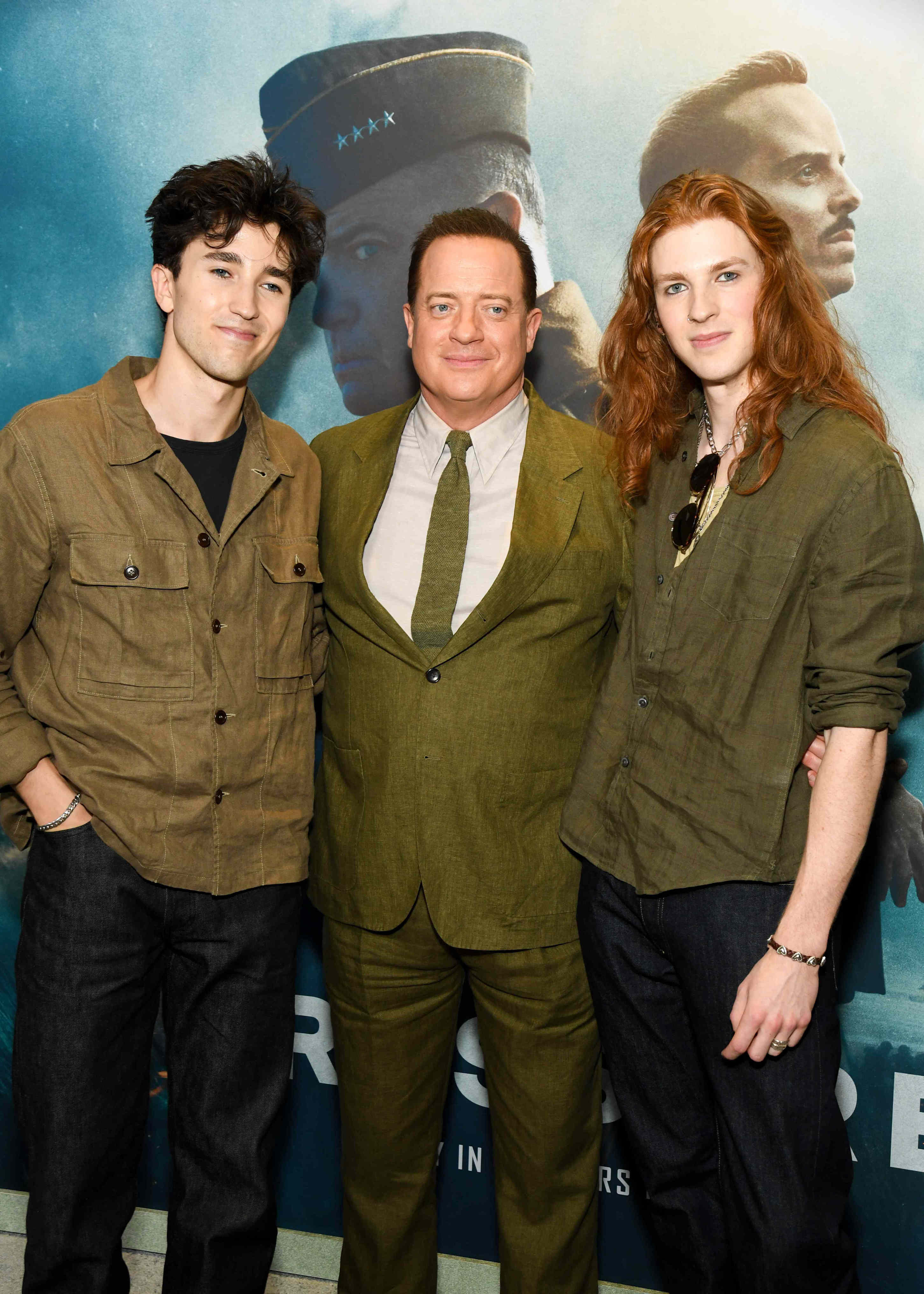 Brendan Fraser and two of his children color coordinate for rare red ...