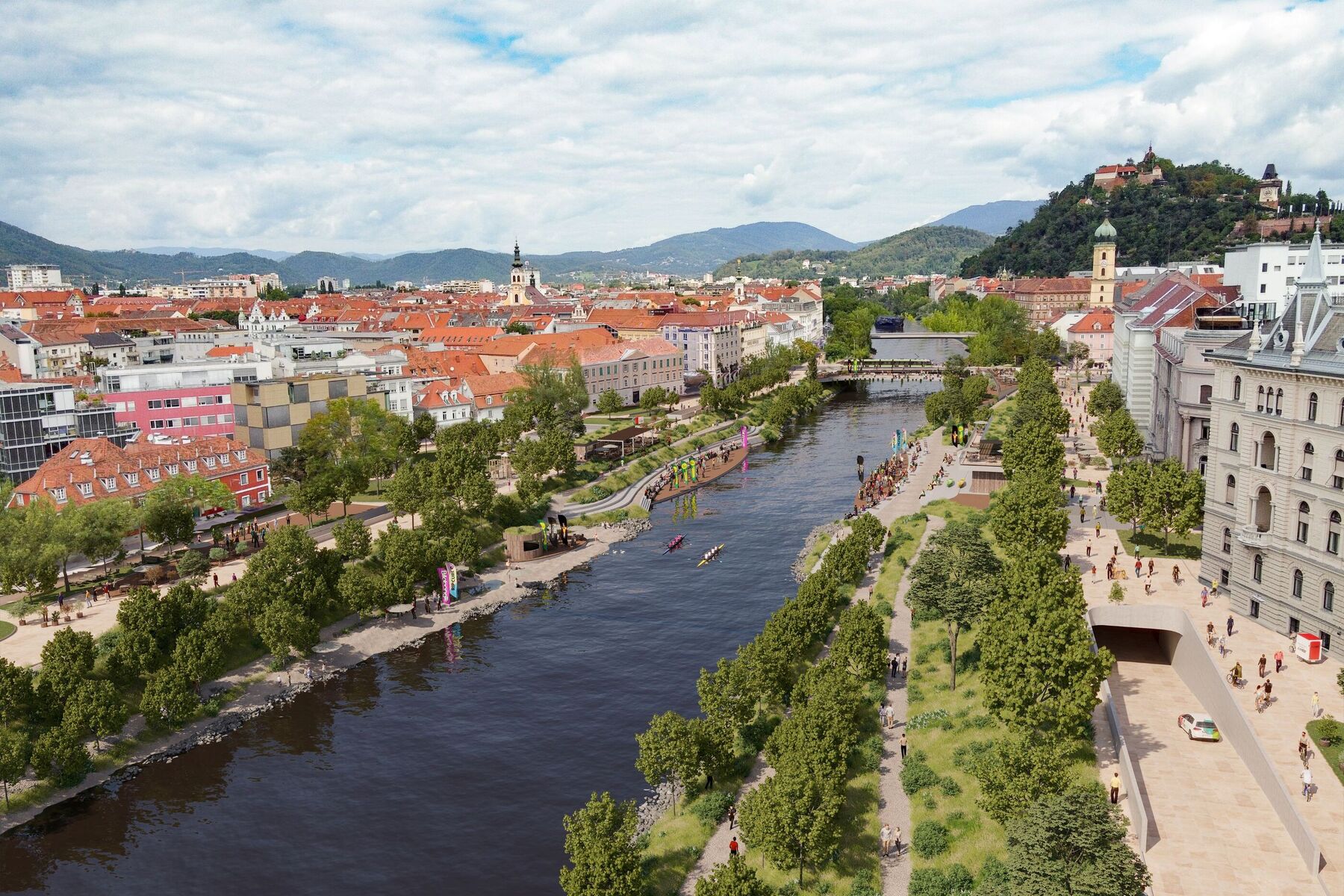 Uferstraßen auf „Tauchstation“ und Bühne in der Mur