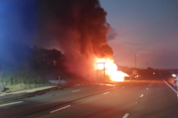 Dramatic pictures as lorry burns out on motorway