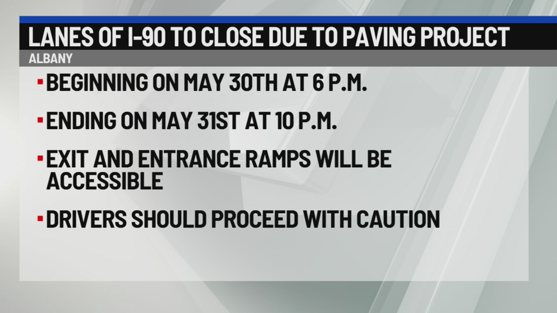 Paving project to close lanes of I-90 in Albany overnight