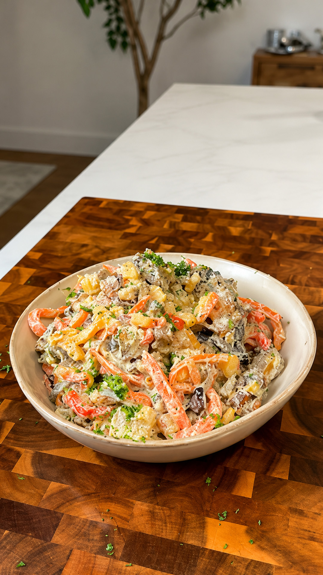 Creamy potato salad with roasted veggie flavor