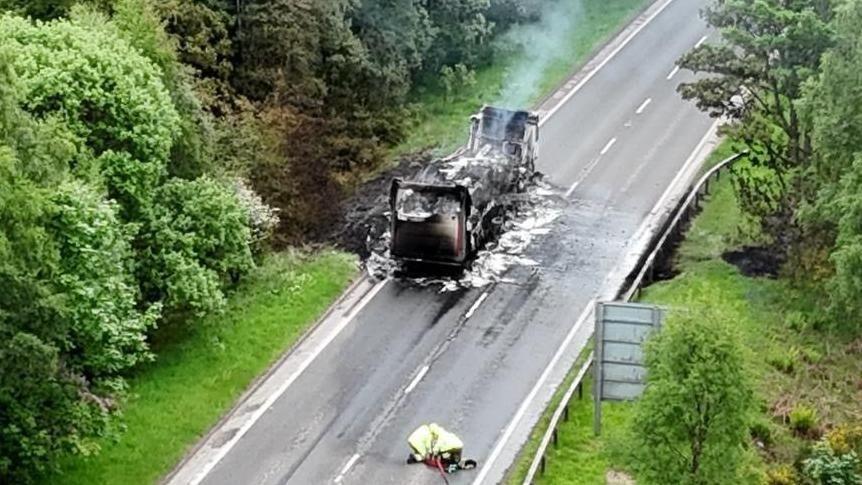 A9 reopens after Tesco delivery lorry bursts into flames
