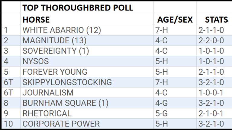 NTRA polls: White Abarrio leapfrogs Magnitude ahead of Stephen Foster clash