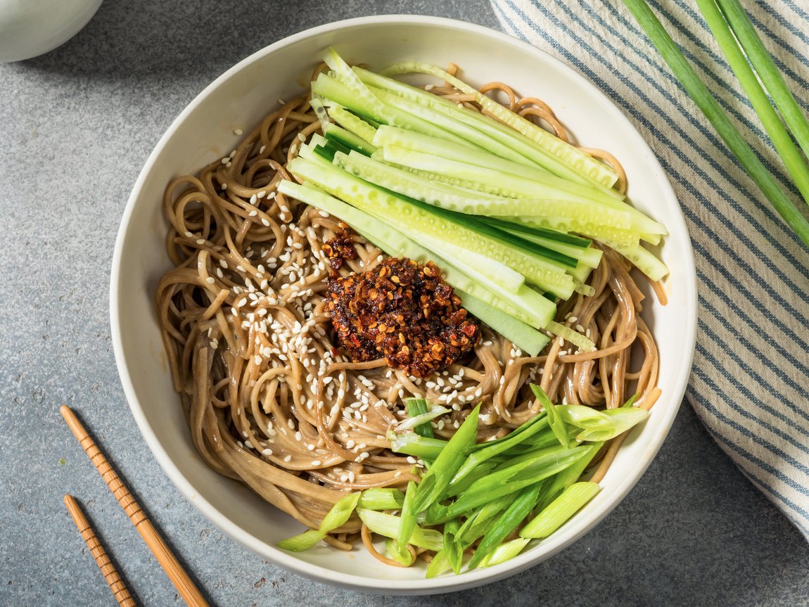 Cold soba noodles with cucumber and tahini sauce
